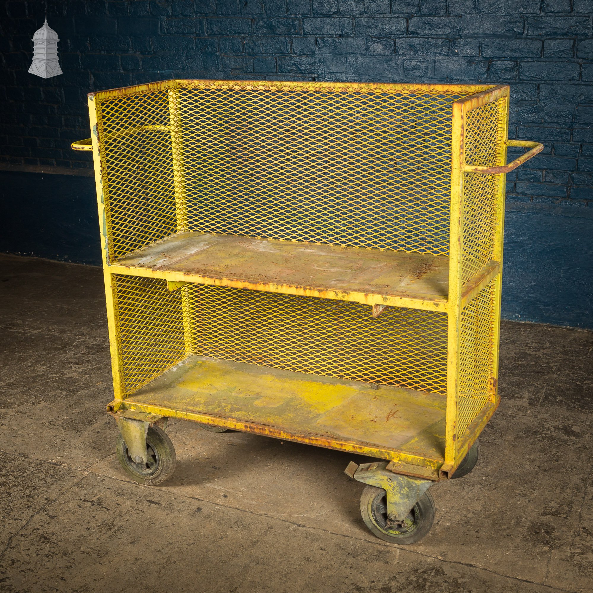 Vintage Yellow Painted Steel Industrial Wheeled Trolley Shelving Unit ...