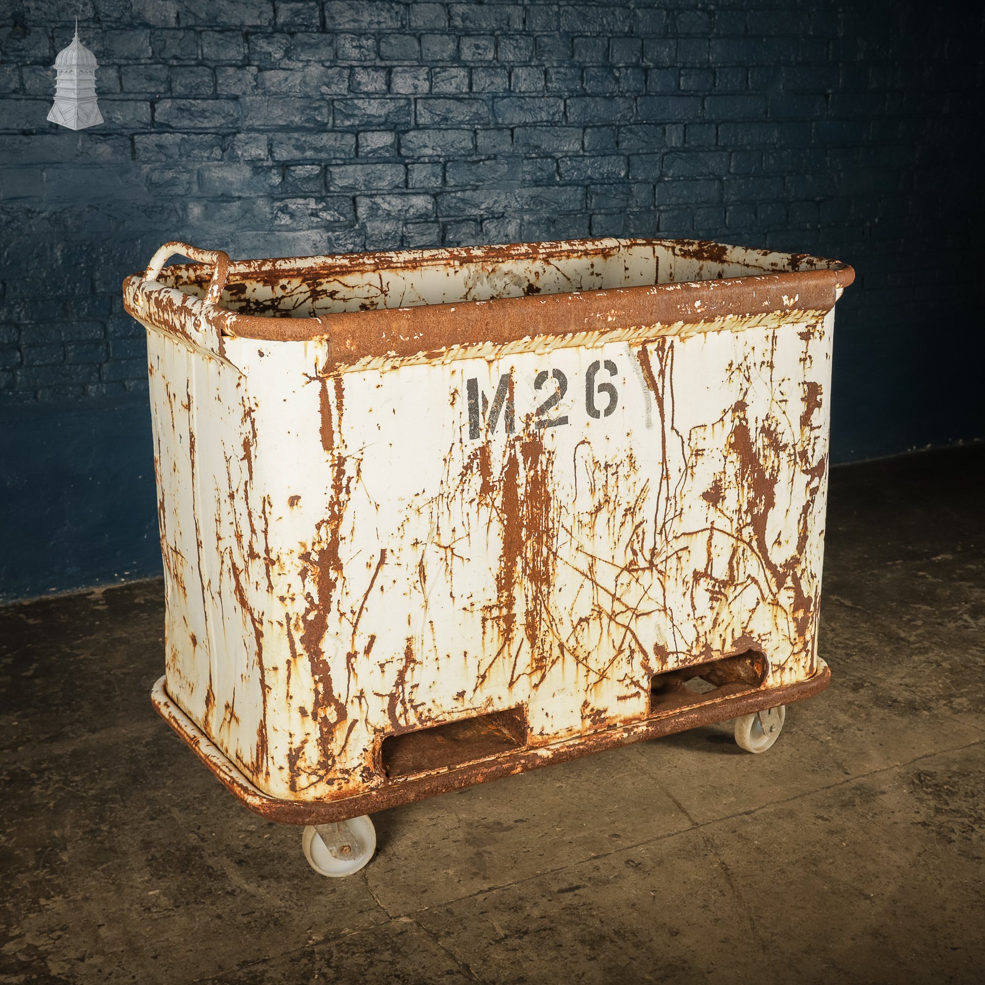 Large Wheeled Industrial Steel Bin with Distressed White Painted Finish ...