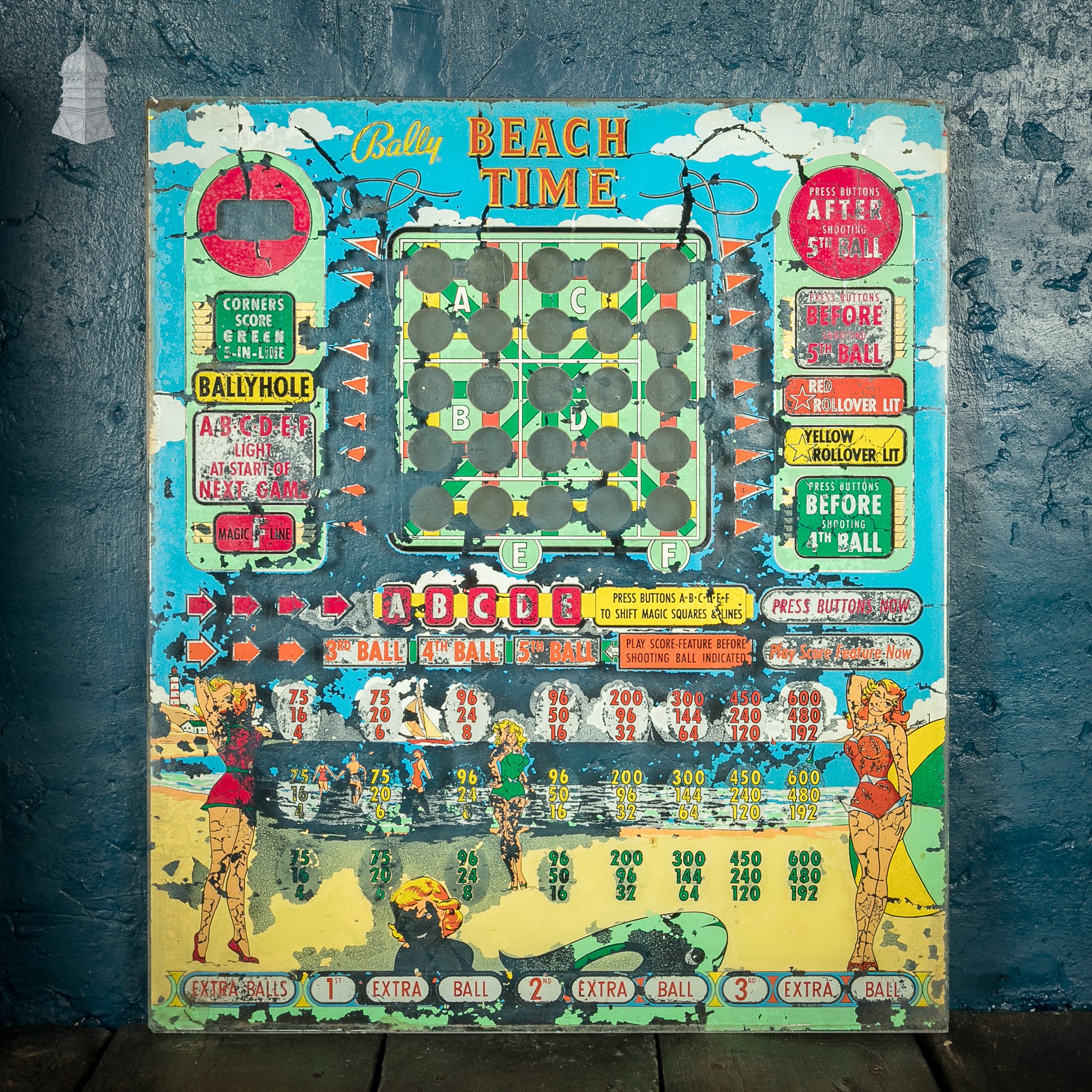 Pinball Machine Back Glass, Vintage Ballyhole ‘Beach time’ Worn Glass ...